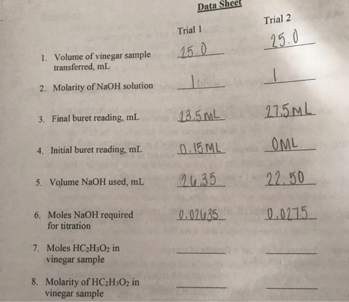 Solved #7 find the moles of HC2H3O2 in vinegar sample#8 Find | Chegg.com