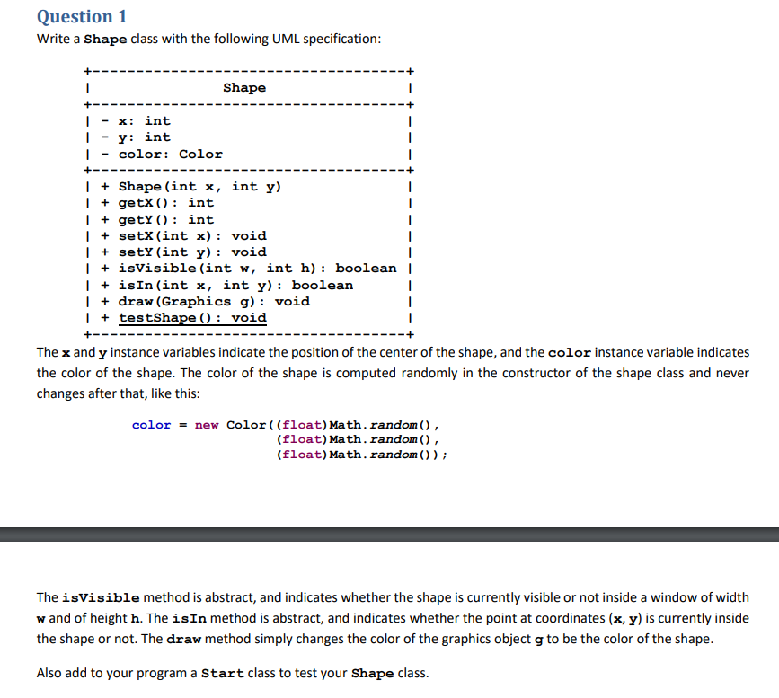 Solved Question 1 Write a Shape class with the following UML | Chegg.com