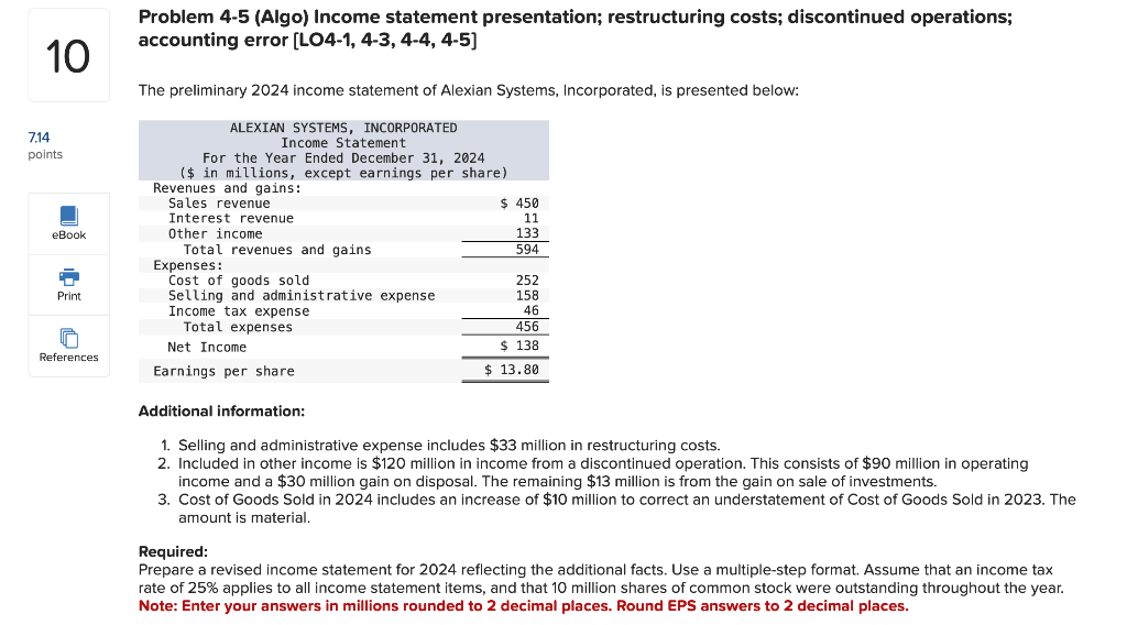 Solved Problem 4-5 (Algo) Income statement presentation; | Chegg.com
