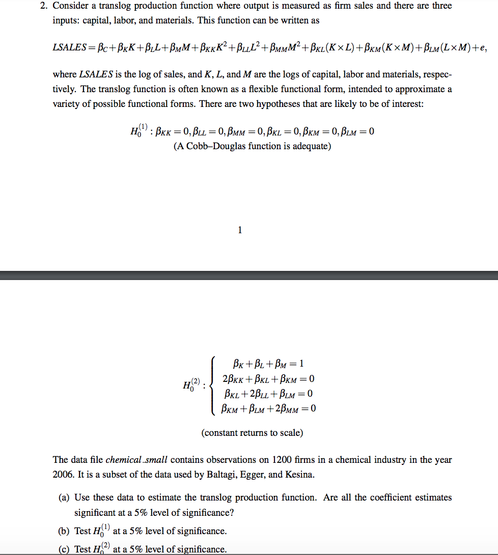 2. Consider a translog production function where | Chegg.com
