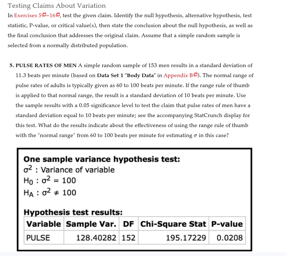 Solved Testing Claims About Variation In Exercises 50-160, | Chegg.com