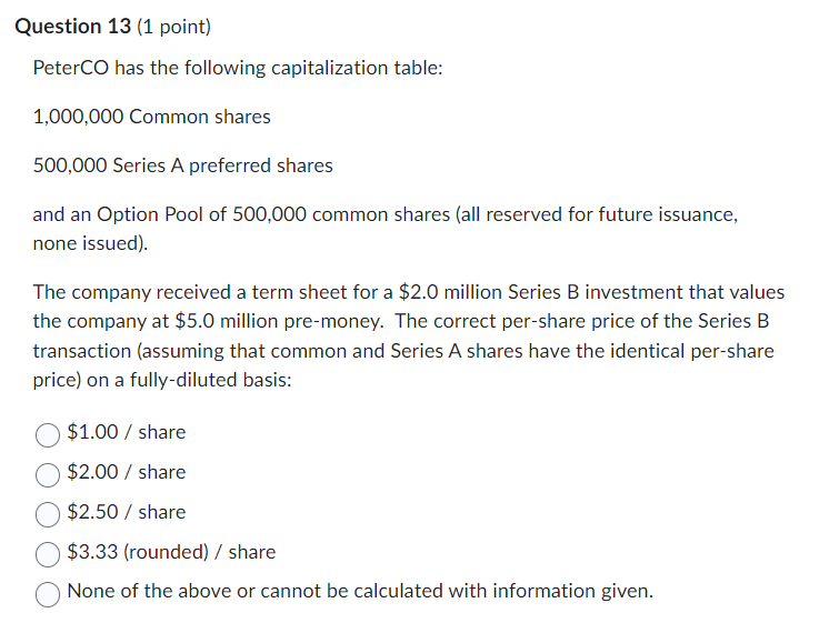 Solved PeterCO has the following capitalization table: | Chegg.com