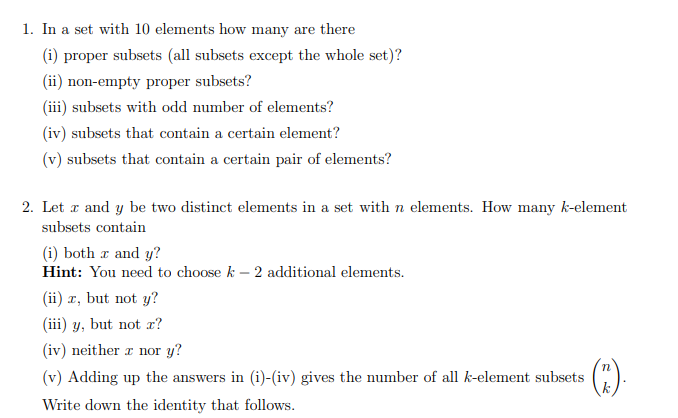 Solved 1. In a set with 10 elements how many are there (i) | Chegg.com
