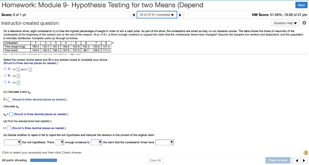 Solved Homework: Module 9- Hypothesis Testing for two Means | Chegg.com