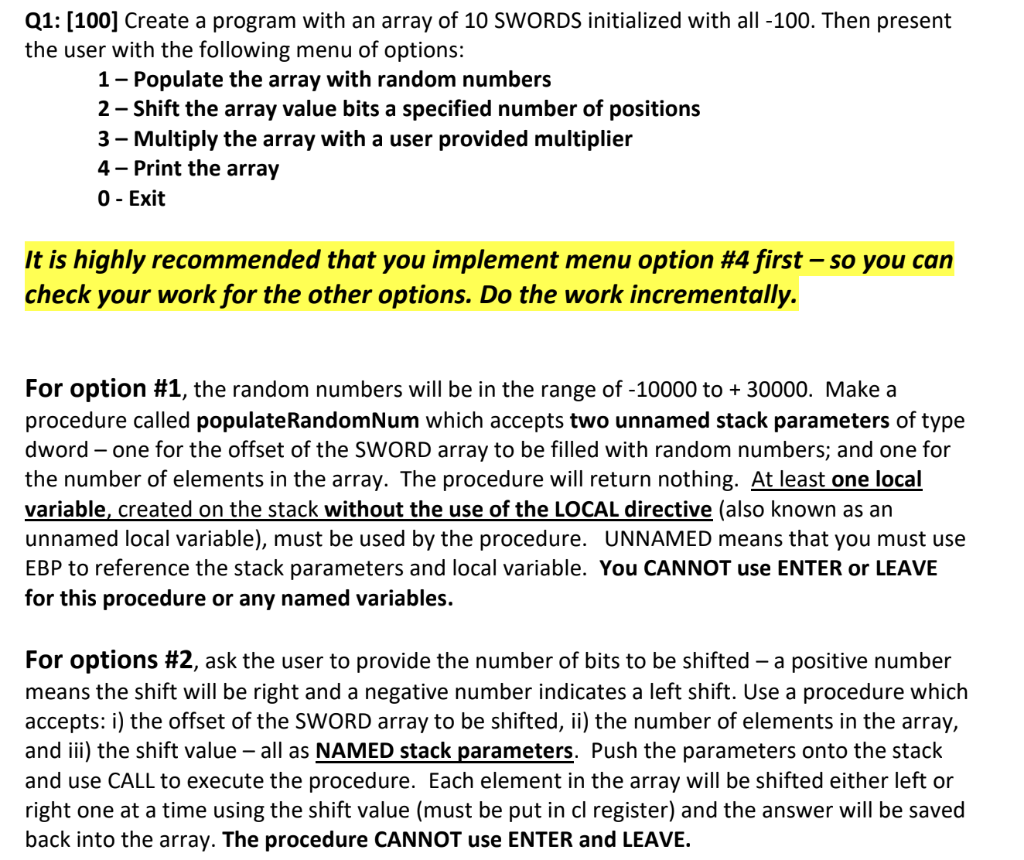 Solved Q1: [100] Create a program with an array of 10 SWORDS | Chegg.com
