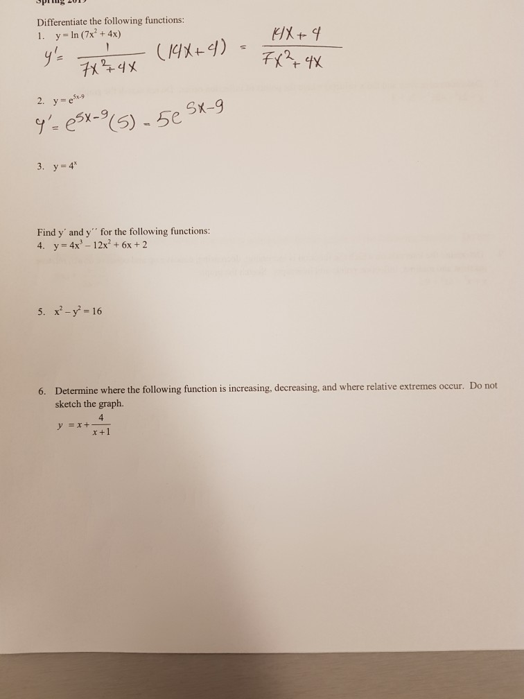 Solved Differentiate the following functions: 1. y- In (7x2 | Chegg.com