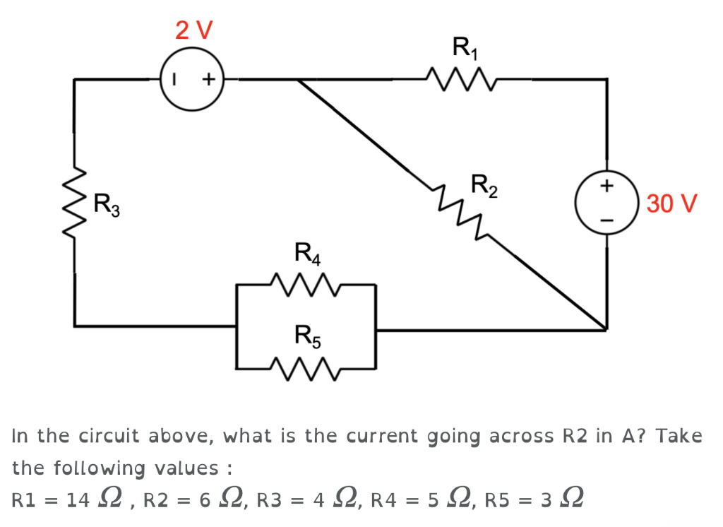 Solved 2 V R1 2 R3 30 V R4 R5 In the circuit above, what is | Chegg.com