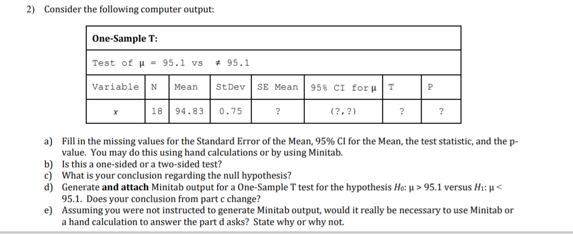 Solved Consider the following computer output: 2) One-Sample | Chegg.com