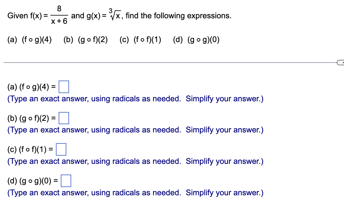 Solved Given f(x)=x+68 and g(x)=3x, find the following | Chegg.com