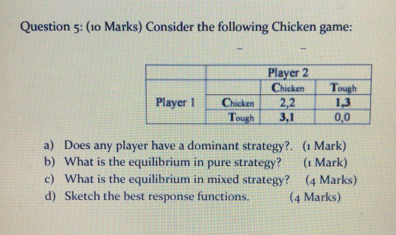 Solved Question 5: (10 Marks) Consider the following Chicken | Chegg.com