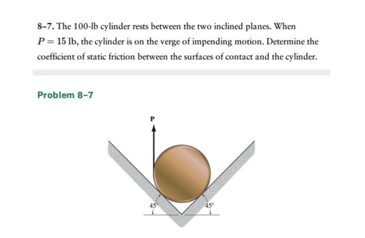 Solved 8-7. The 100-lb cylinder rests between the two | Chegg.com