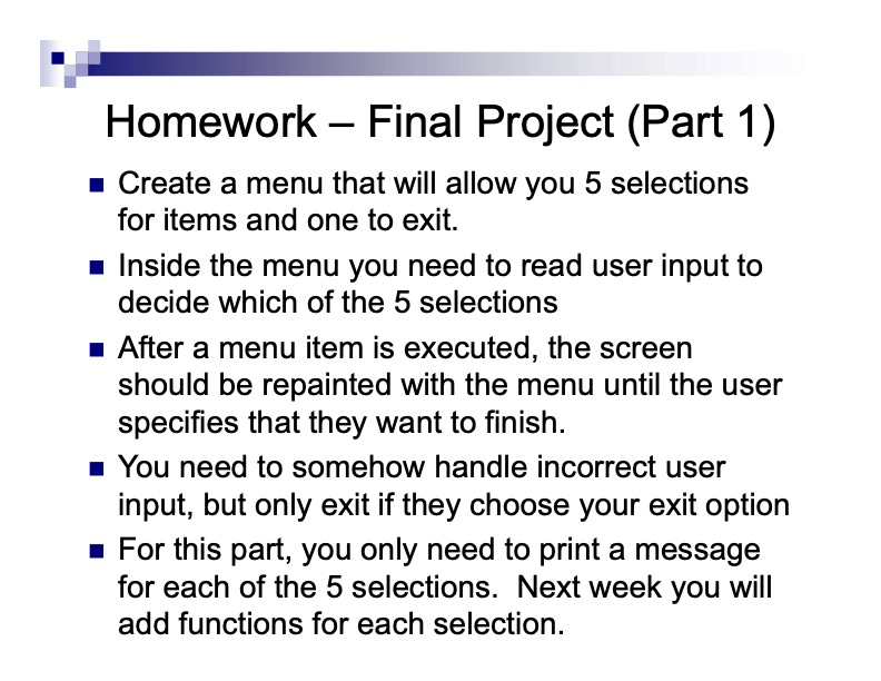 Solved Homework - Final Project (Part 1) - Create a menu | Chegg.com