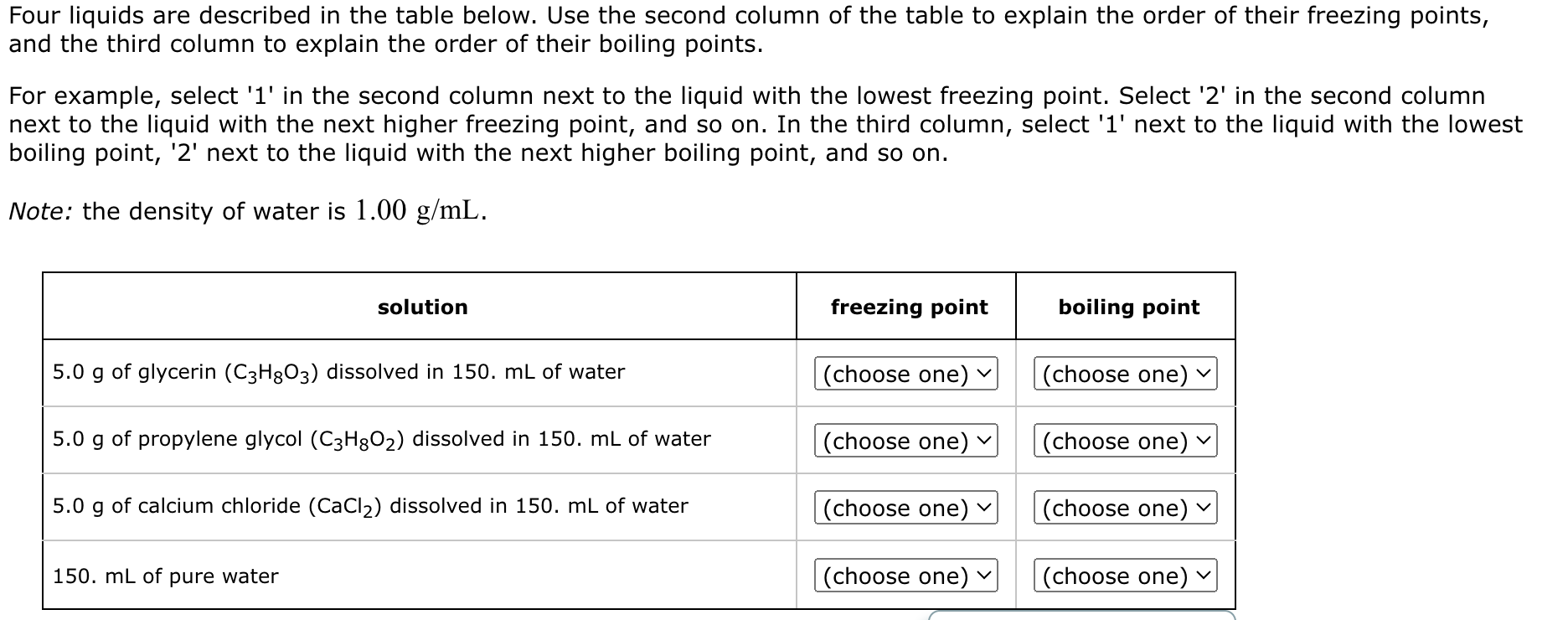 Solved Four liquids are described in the table below. Use | Chegg.com