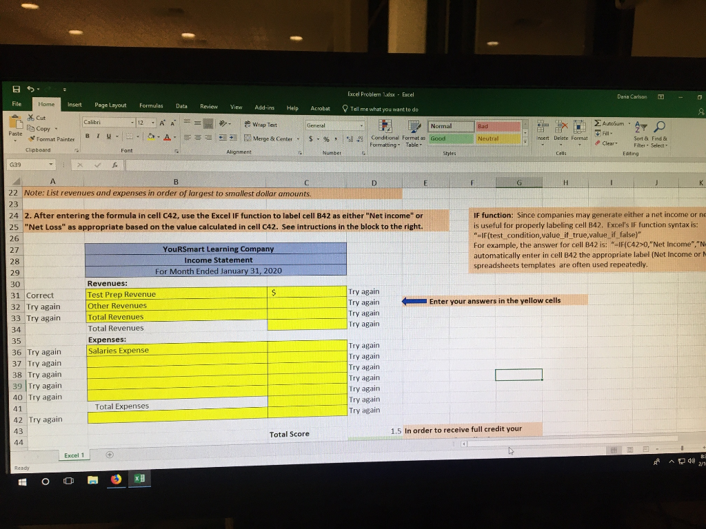Solved Darie Excel Problem 1.xlsx - Excel Tell me what you | Chegg.com