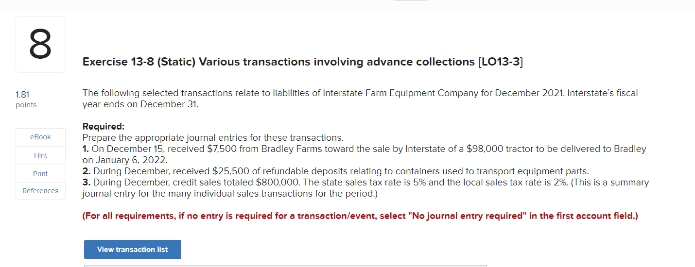 Solved Exercise 13-8 (Static) Various transactions involving | Chegg.com