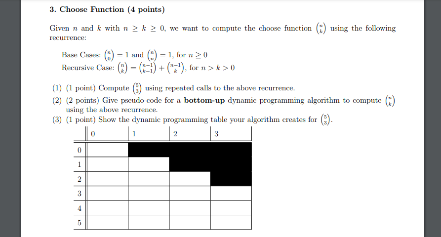 Solved 3. Choose Function (4 points) Given n and k with | Chegg.com