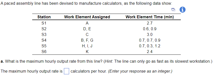 Solved A paced assembly line has been devised to manufacture | Chegg.com