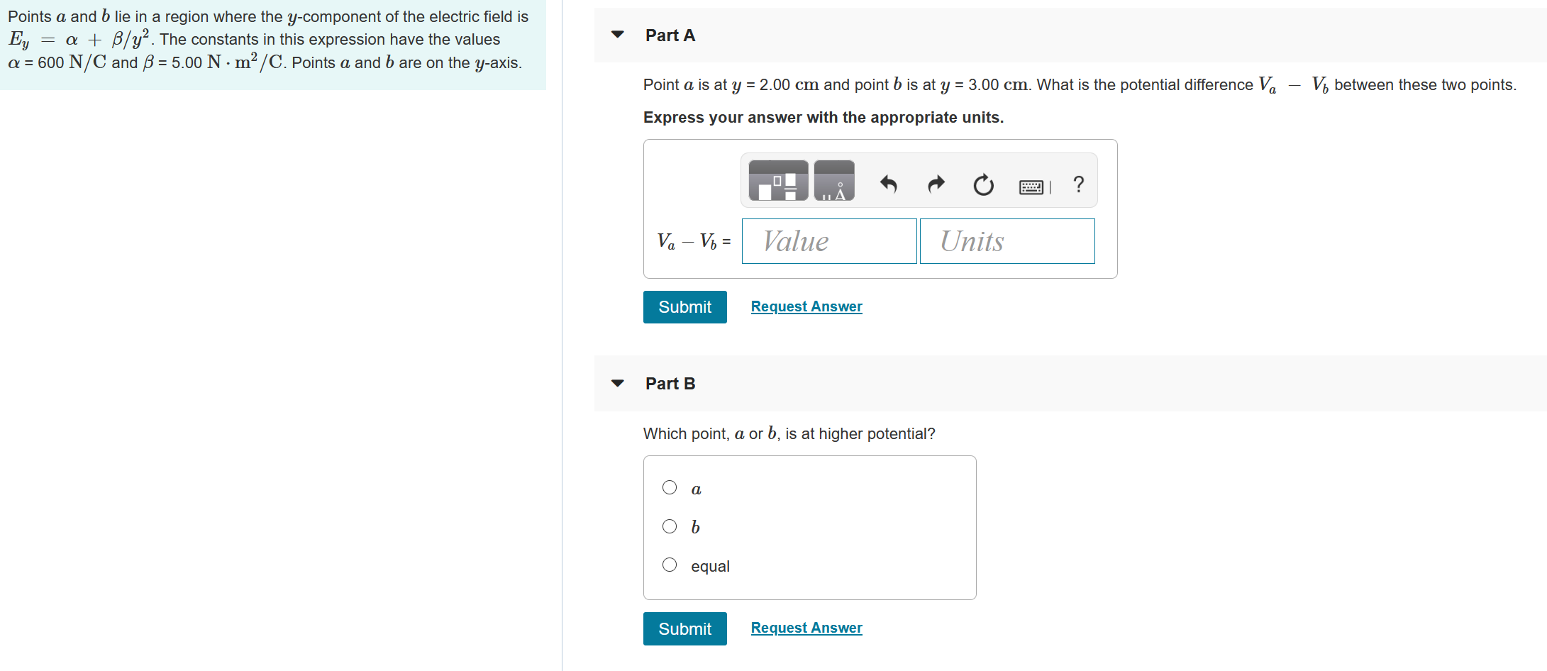 Solved Points a and b lie in a region where the y-component | Chegg.com