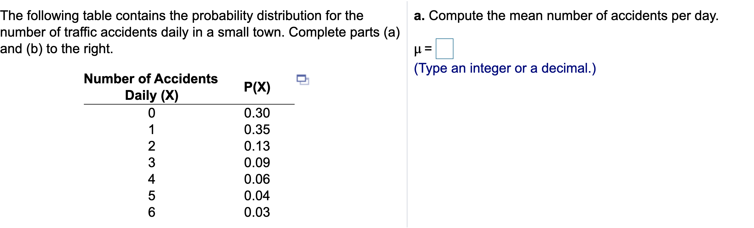 Solved a. Compute the mean number of accidents per day. The | Chegg.com