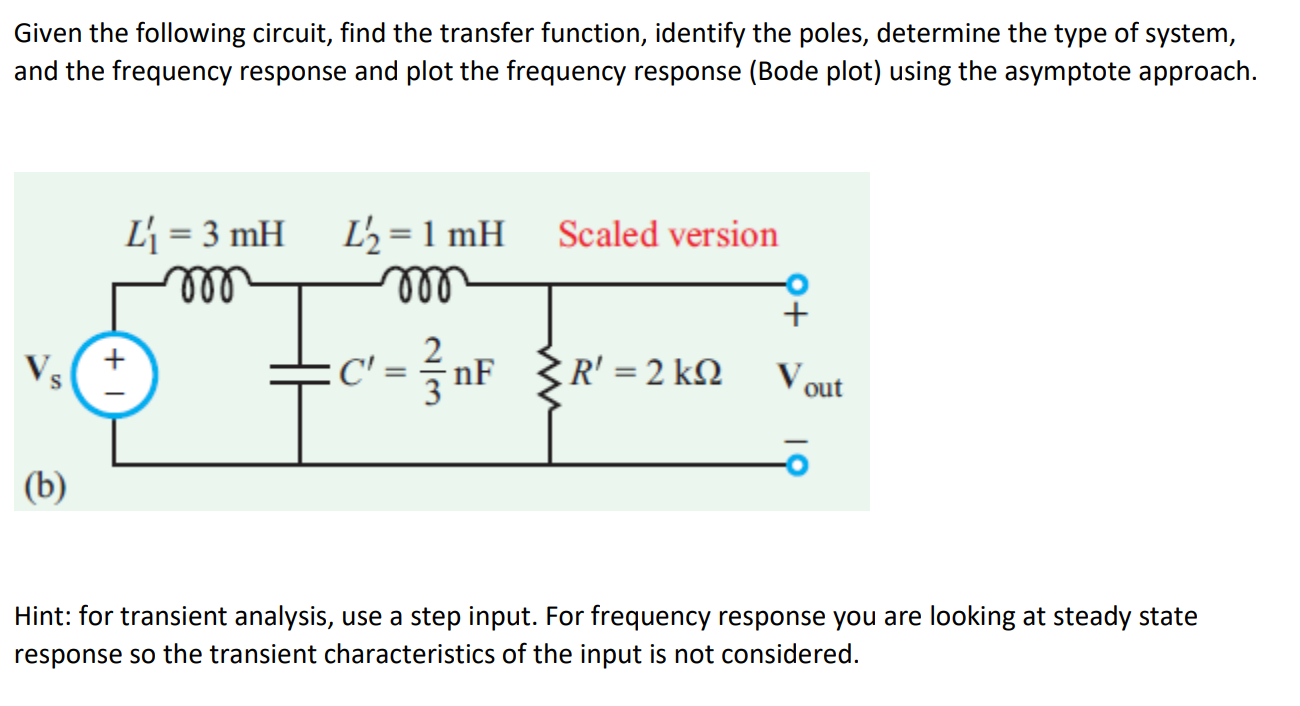 Solved Given the following circuit, find the transfer | Chegg.com