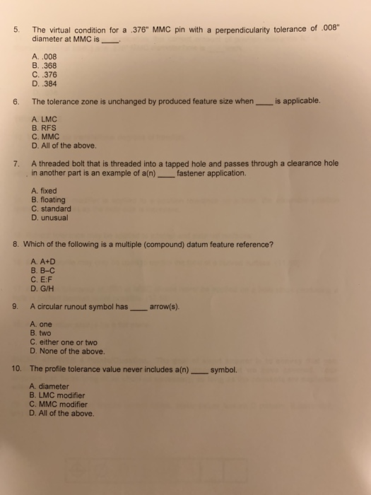 Solved 5. The virtual condition for a 376" MMC pin with a | Chegg.com