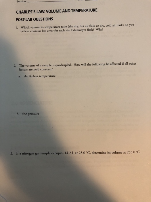 Solved Section: CHARLES'S LAW: VOLUME AND TEMPERATURE | Chegg.com