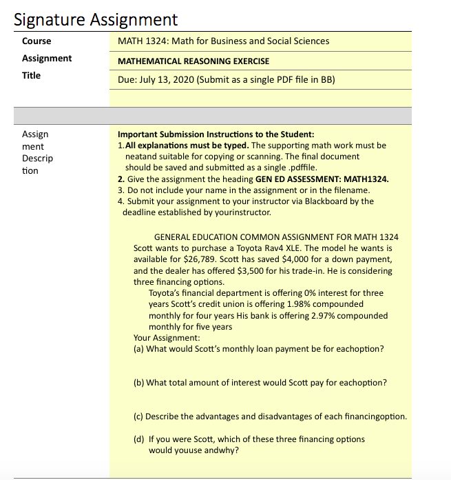 Signature Assignment Course MATH 1324: Math for | Chegg.com
