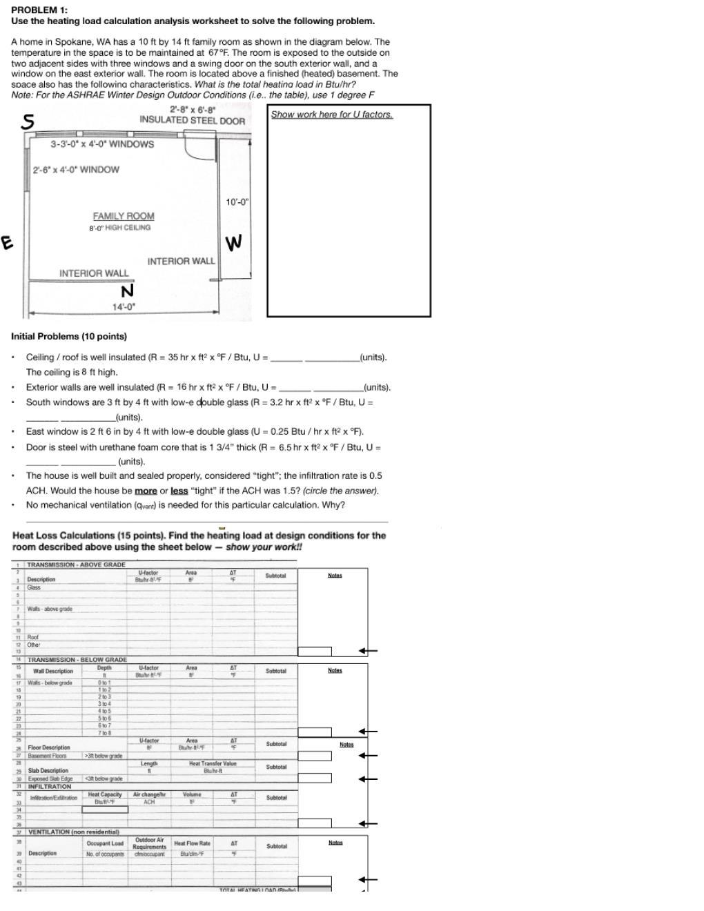 PROBLEM 1: Use the heating load calculation analysis | Chegg.com