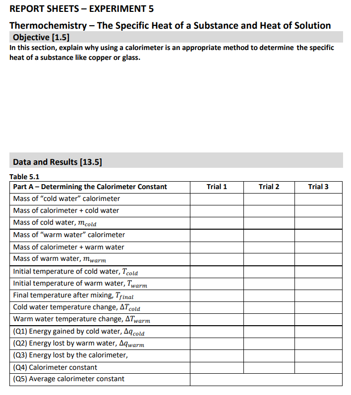 Solved EXPERIMENT 5 Thermochemistry – The Specific Heat of a | Chegg.com