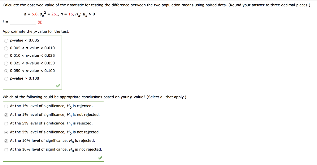 Solved Calculate the observed value of the t statistic for | Chegg.com