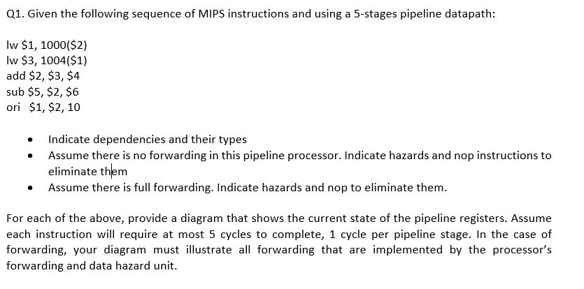 Q1 Given The Following Sequence Of Mips Instructions 