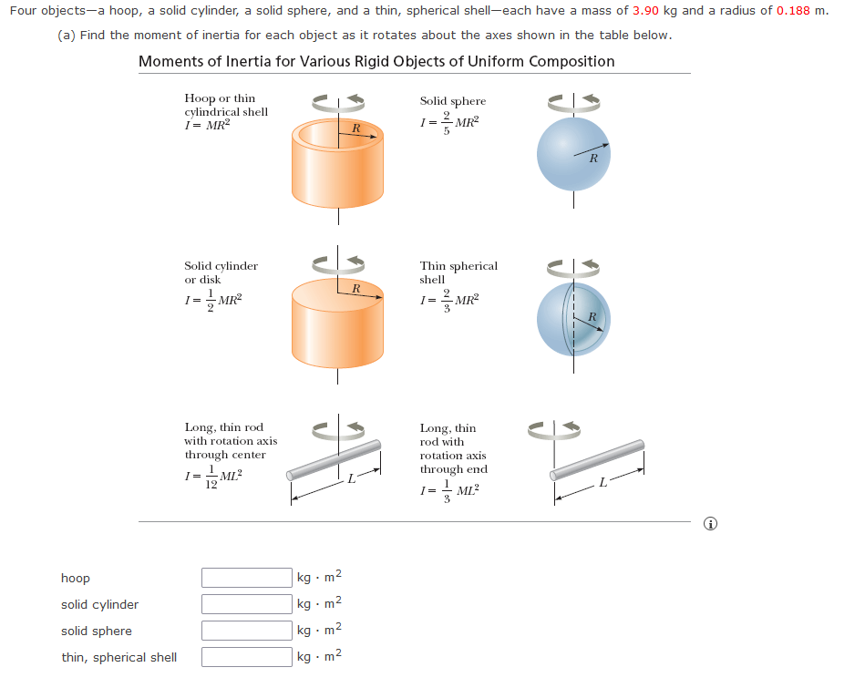 Solved Four objects-a hoop, a solid cylinder, a solid | Chegg.com
