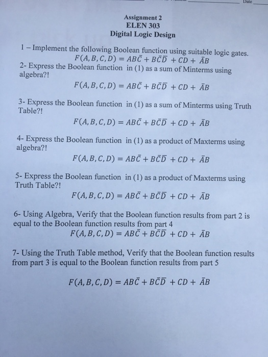 Solved Assignment 2 ELEN 303 Digital Logic Design 1 - | Chegg.com