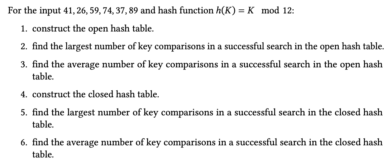 Solved For the input 41,26,59,74,37,89 and hash function | Chegg.com