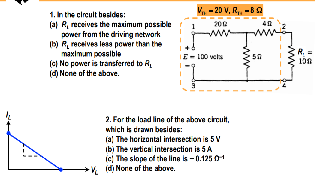 Solved VTH = 20 V, RTH = 8 22 2012 412 ww 1. In the circuit | Chegg.com