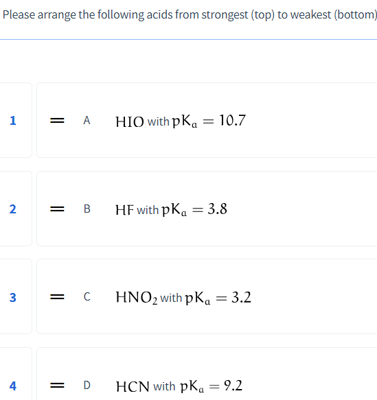 Solved Please arrange the following acids from strongest | Chegg.com