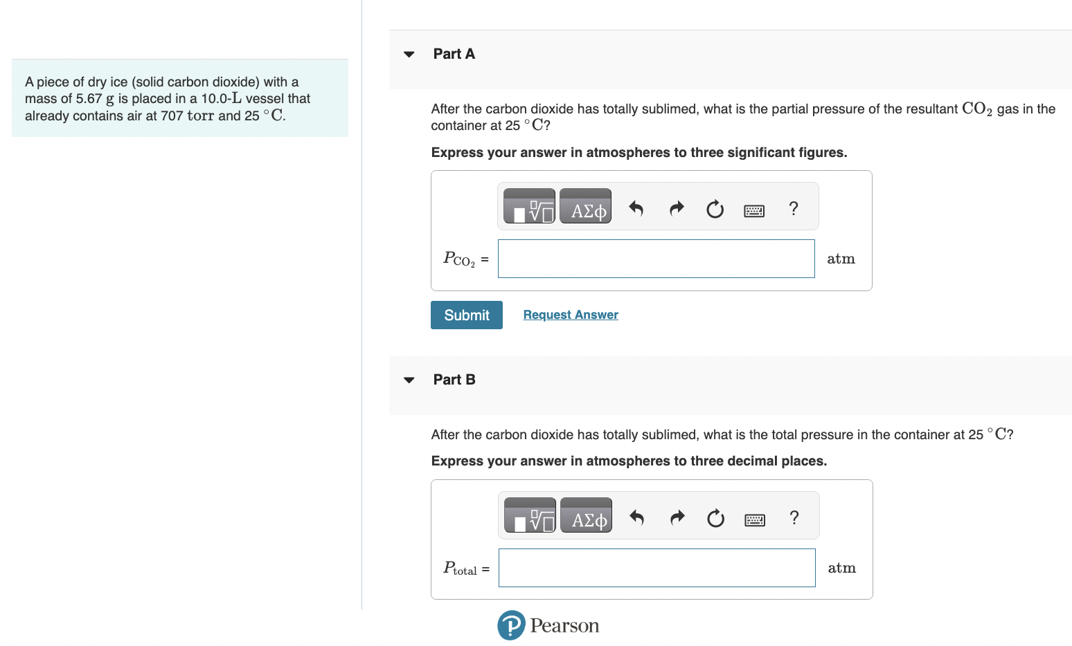 Solved A piece of dry ice (solid carbon dioxide) with a mass | Chegg.com