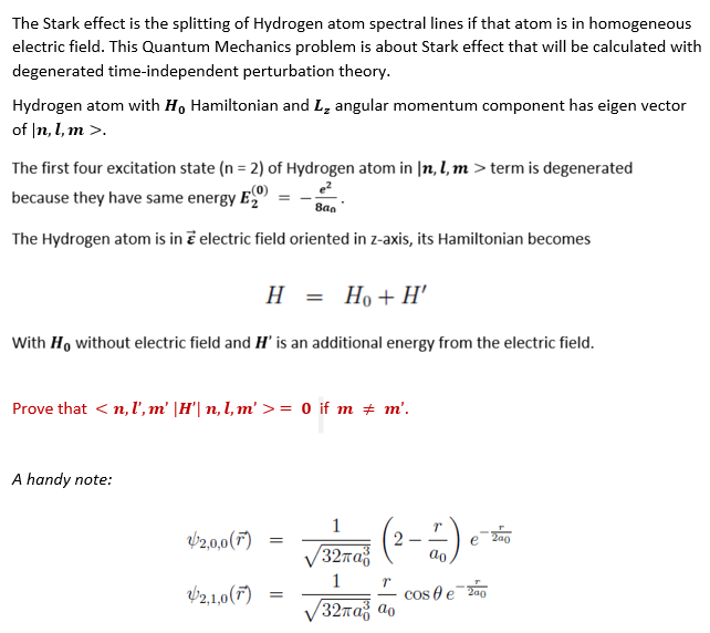 Solved The Stark effect is the splitting of Hydrogen atom | Chegg.com