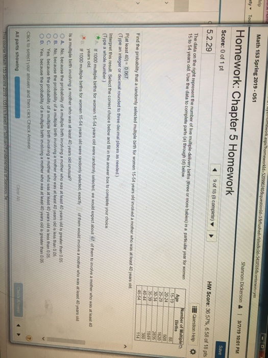 Solved Math 153 Spring 2019-051 ety Too Shannon Dickerson | Chegg.com