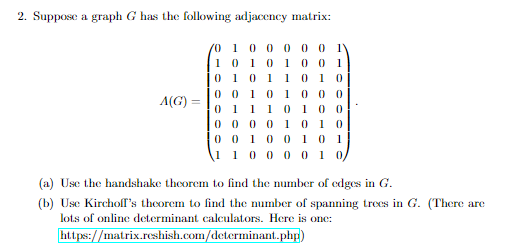 Solved 2. Suppose a graph G has the following adjacency | Chegg.com