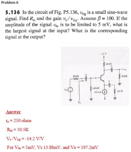 Solved Problem 6 5.136 In the circuit of Fig. P5.136, Vsig | Chegg.com