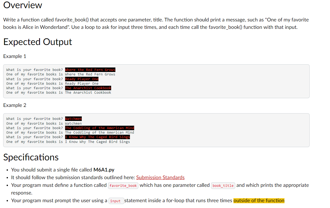 Solved Write a function called favorite_book() that accepts | Chegg.com