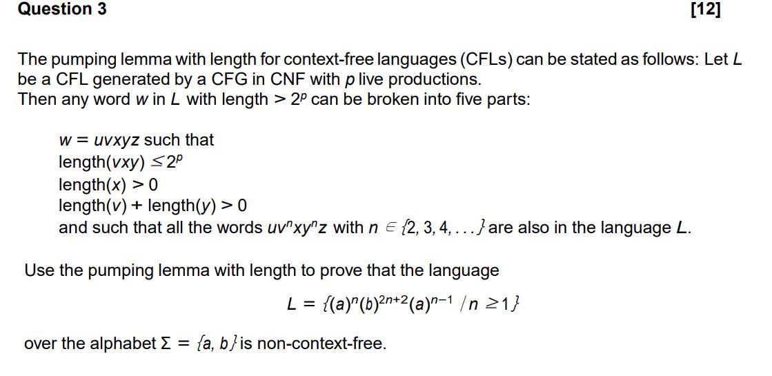 Solved The pumping lemma with length for context-free | Chegg.com