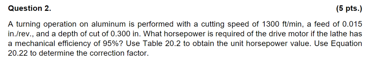 Solved Question 2. (5 pts.) A turning operation on aluminum | Chegg.com