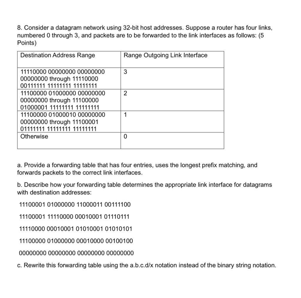 Solved 8. Consider a datagram network using 32-bit host | Chegg.com