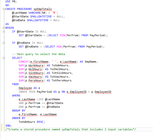 Solved :ND; "*Create a stored procedure named spEmpTotals | Chegg.com