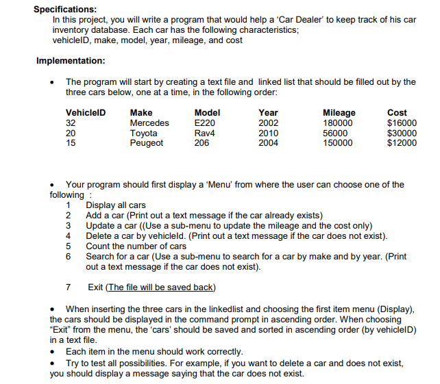 Solved Specifications: In this project, you will write a | Chegg.com