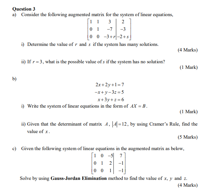 Solved Question 3 a) Consider the following augmented matrix | Chegg.com
