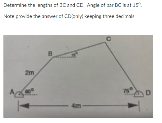 Solved Determine the lengths of BC ﻿and CD. ﻿Angle of bar BC | Chegg.com
