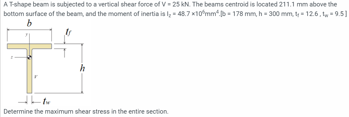 Solved A T-shape beam is subjected to a vertical shear force | Chegg.com